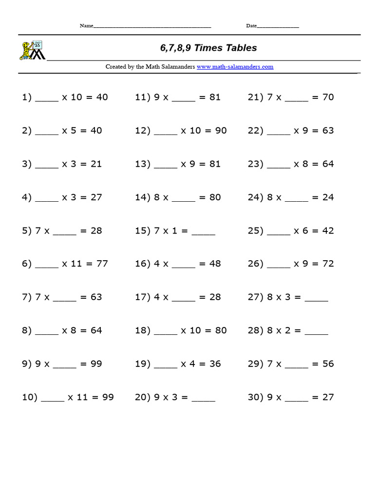 Year 5 Times Tables Practice | PDF