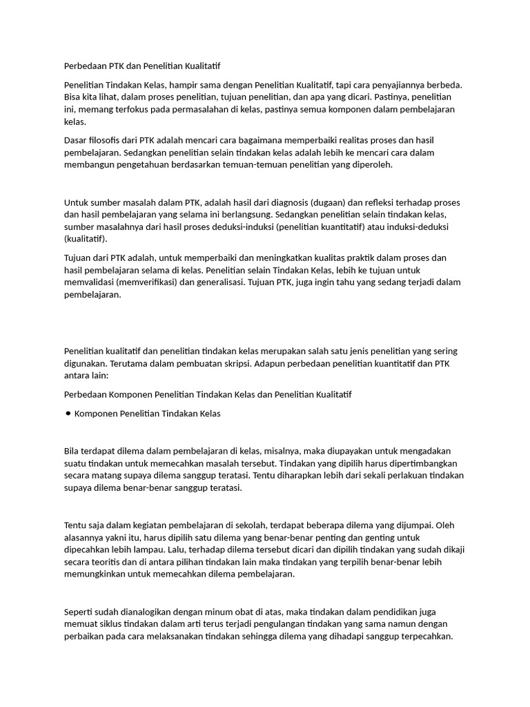 Perbandingan PTK dan Penelitian Kualitatif | PDF