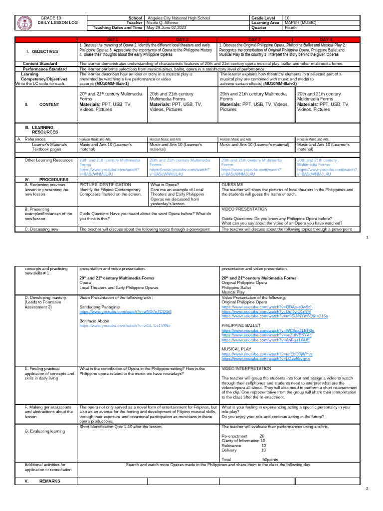 Music 4TH QTR DLL Week 1 | PDF | Learning | Multimedia