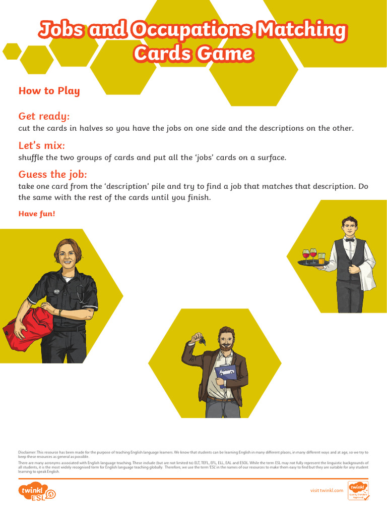 T 1721811931 Esl Jobs and Occupations Mathching Cards Game Teens b1 Ver ...