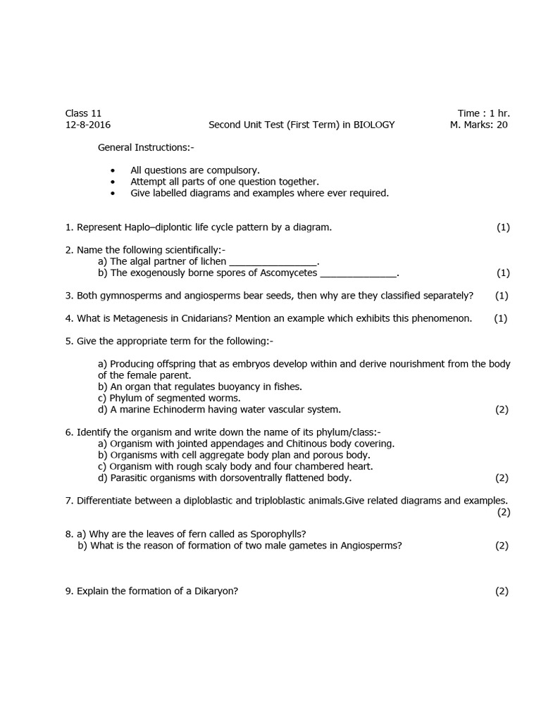 Cbse Class 11 Ut2 Biology 2017 | PDF | Biology | Biological Interactions