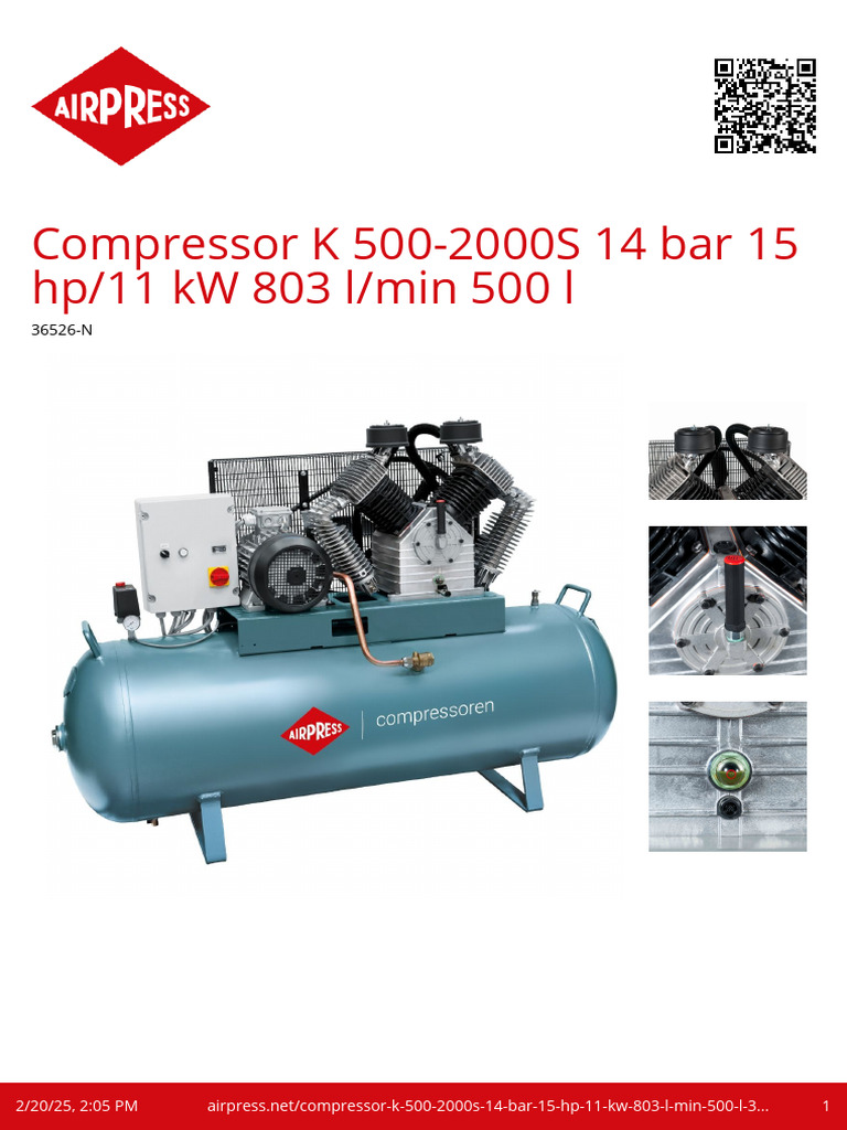 Compressor K 500 2000S 14 Bar 15 HP 11 KW 803 L Min 500 L | PDF ...