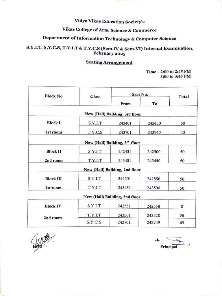 Internal Exam Seating Arrangement | PDF