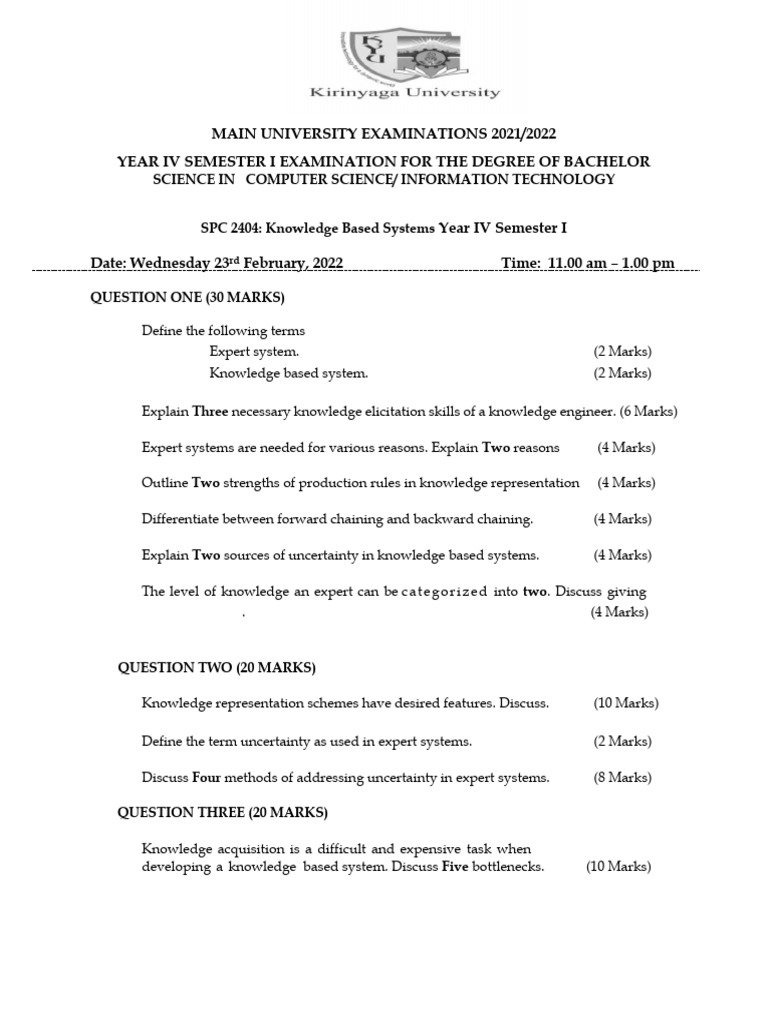 Knowledge Based Systems Exam Questions | PDF | Knowledge | Knowledge Representation And Reasoning