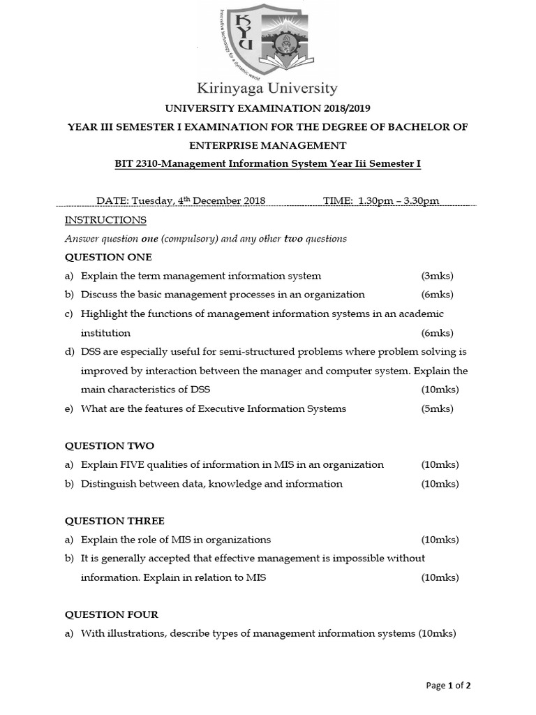 Management Information Systems Exam 2018 | PDF
