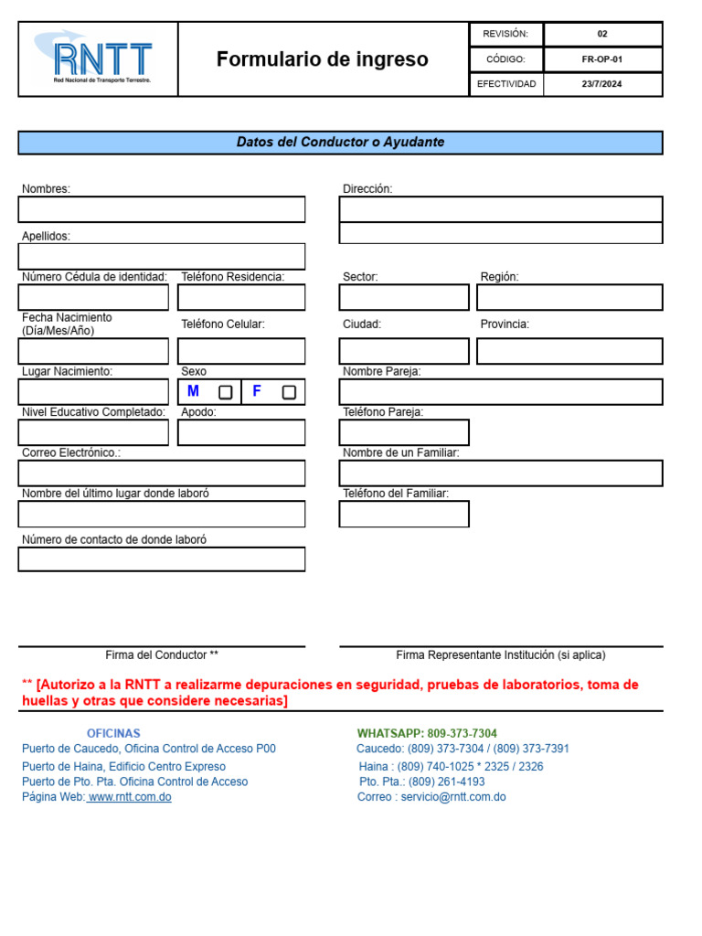 FR-OP-01 - Formulario de ingreso - Rev. 2 | PDF