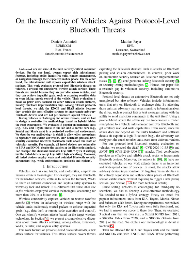 Vehicle Bluetooth Security Risks | PDF | Bluetooth | Encryption