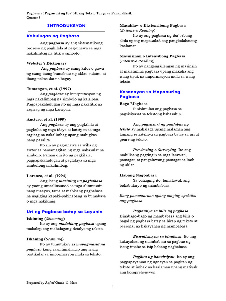 Q3 - Pagbasa at Pagsusuri NG Iba'T-Ibang Teksto Tungo Sa Pananaliksik-1 | PDF