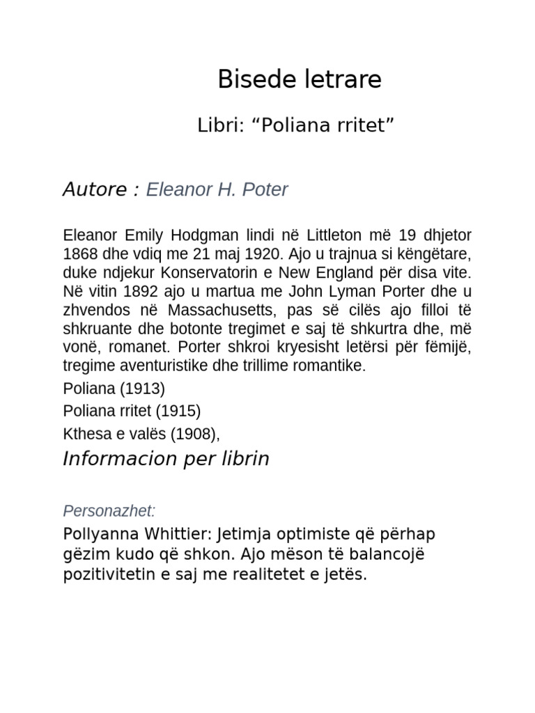 Bisede Letrare Poliana e Rritur | PDF