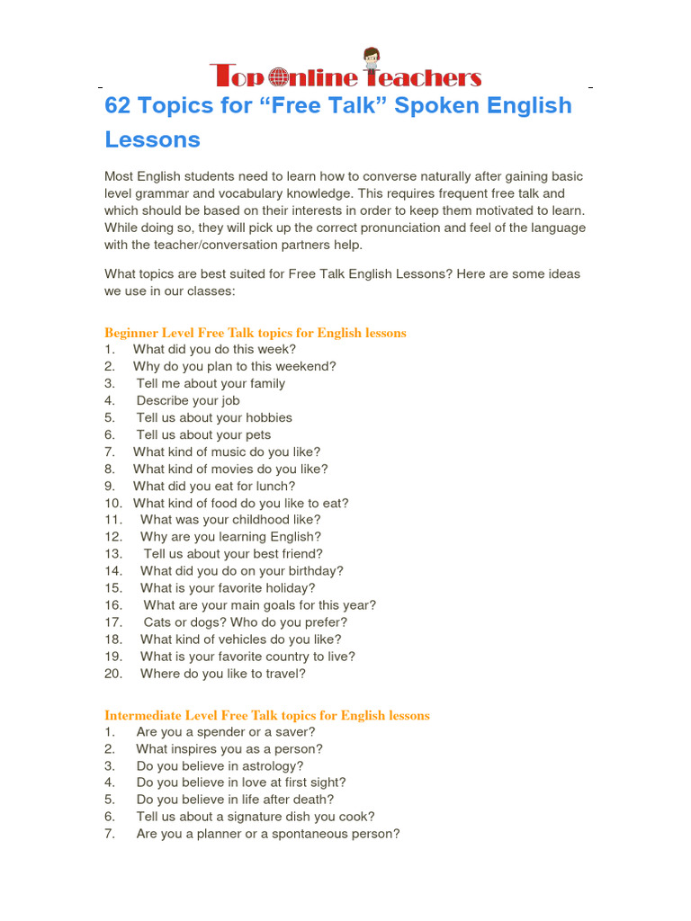 Topics For Quotfree Talkquot Spoken English Lessons - Compress | PDF ...