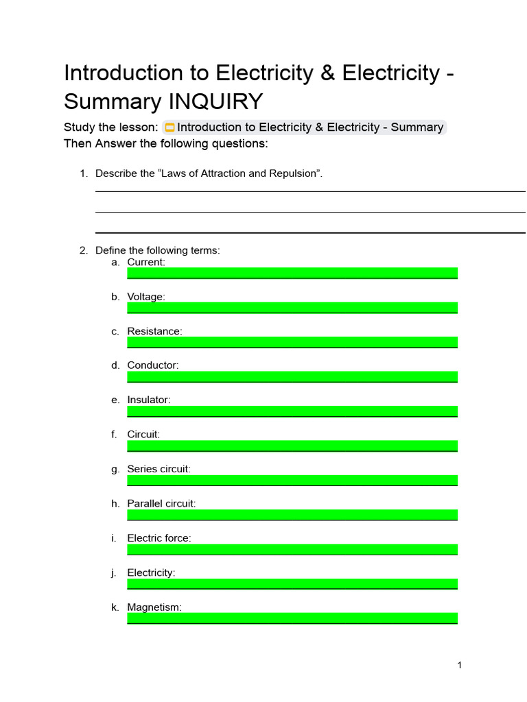 - Introduction to Electricity & Electricity - Summary INQUIRY | PDF ...