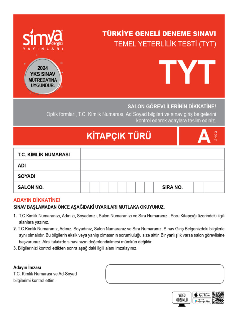 SİMYA - TYT Türkiye Geneli Deneme -Örnektir- | PDF