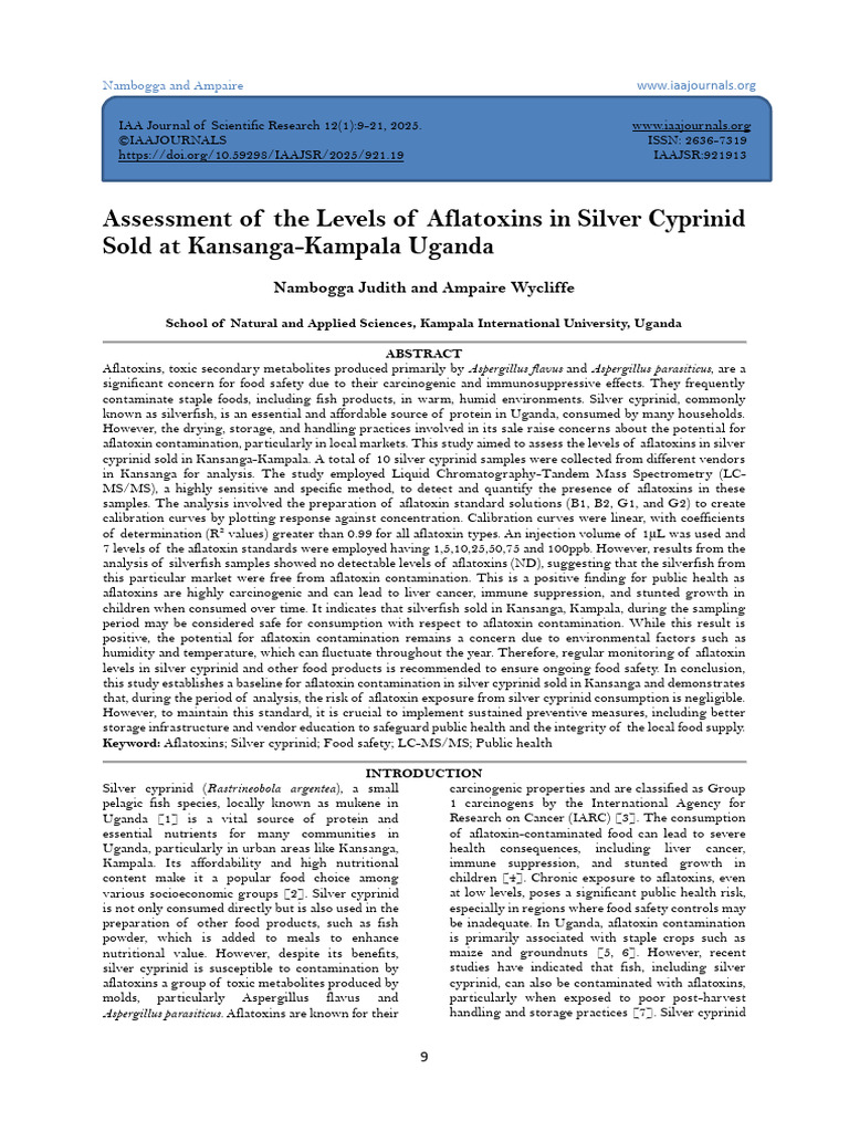 Assessment of The Levels of Aflatoxins in Silver Cyprinid Sold at ...