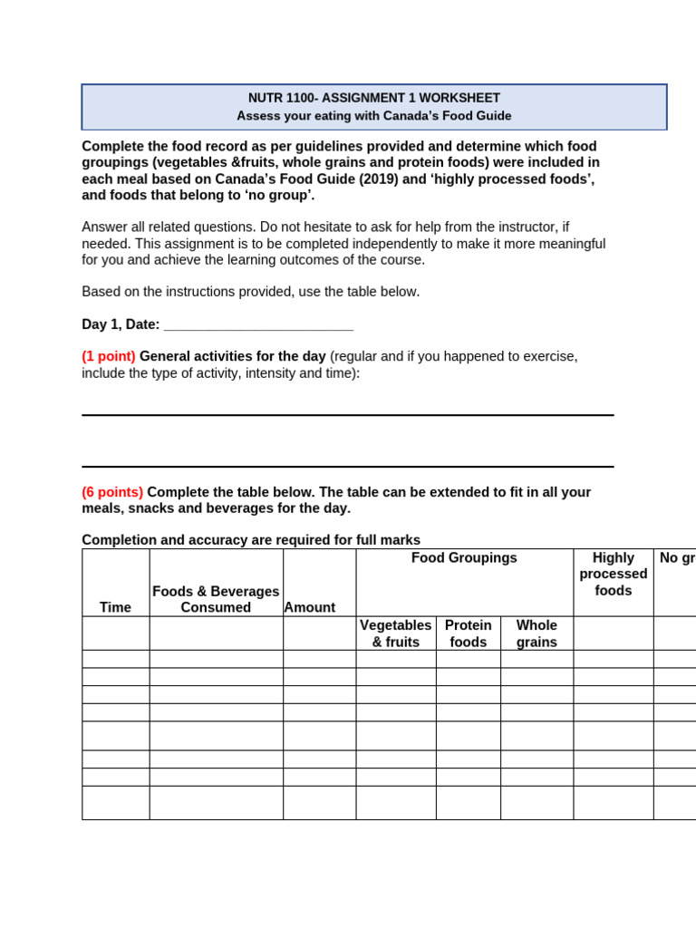 NUTR 1100 Assignment 1 Worksheet | PDF | Goal | Foods
