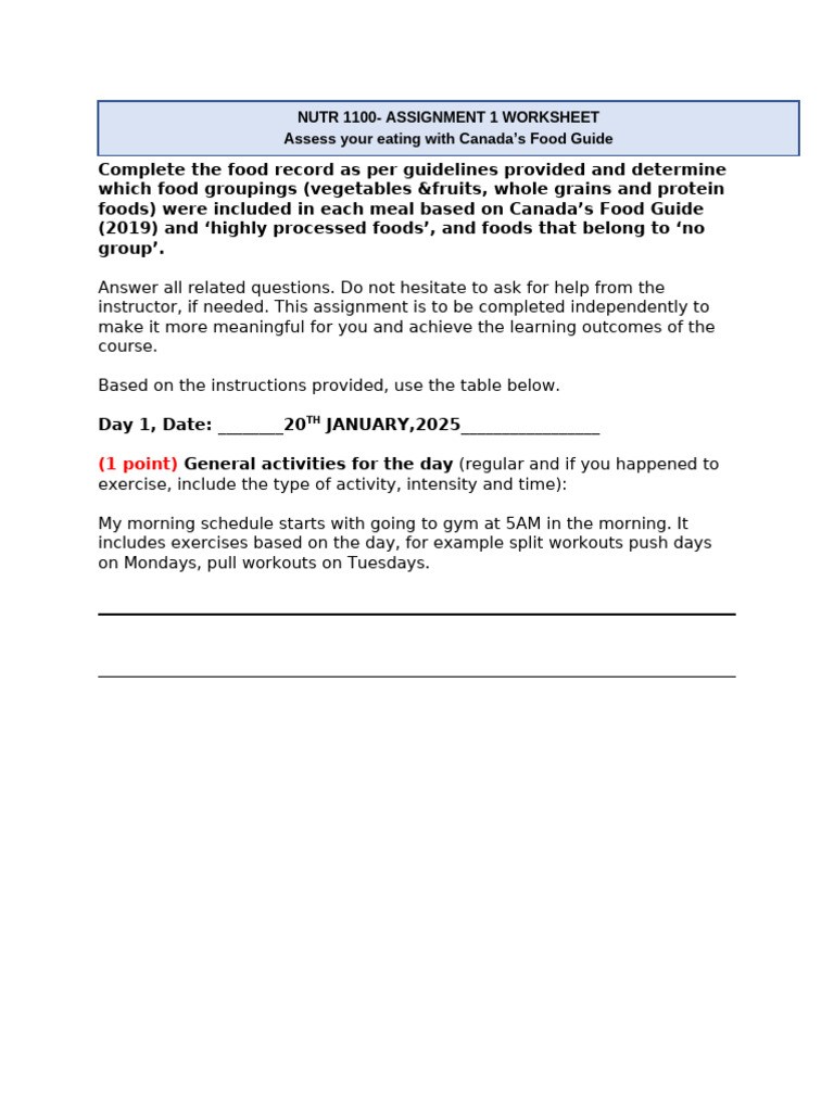 NUTR 1100 Assignment 1 Worksheet | PDF | Foods | Whole Grain
