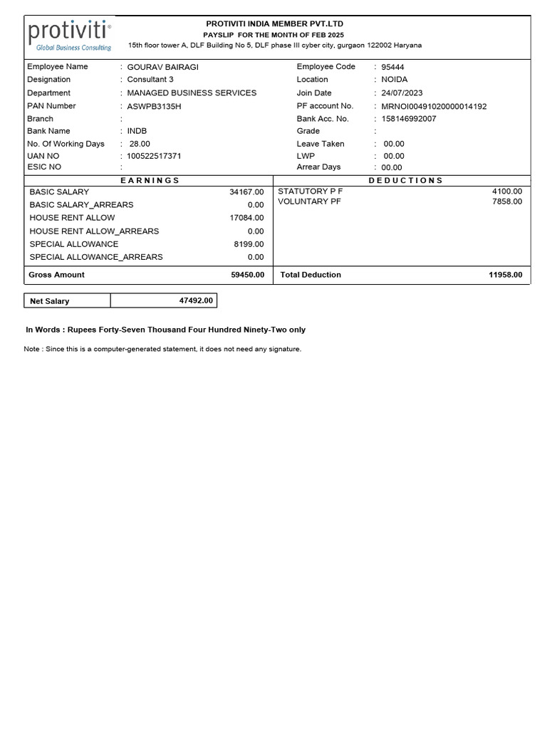 Monthly Payslip FEB 2025 | PDF