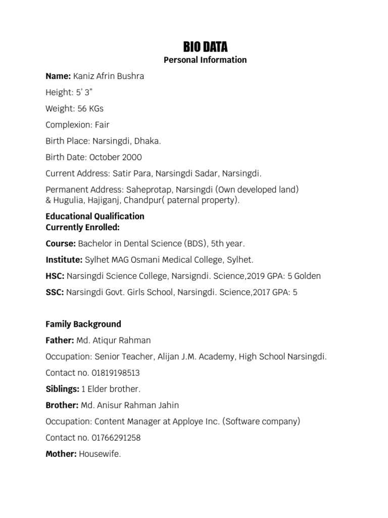 Bushra Bio Data | PDF