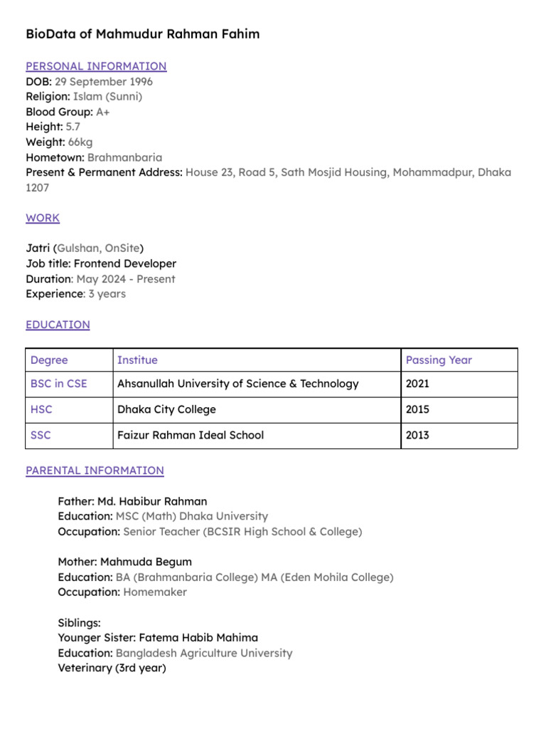 BioData of Mahmudur Rahman Fahim | PDF
