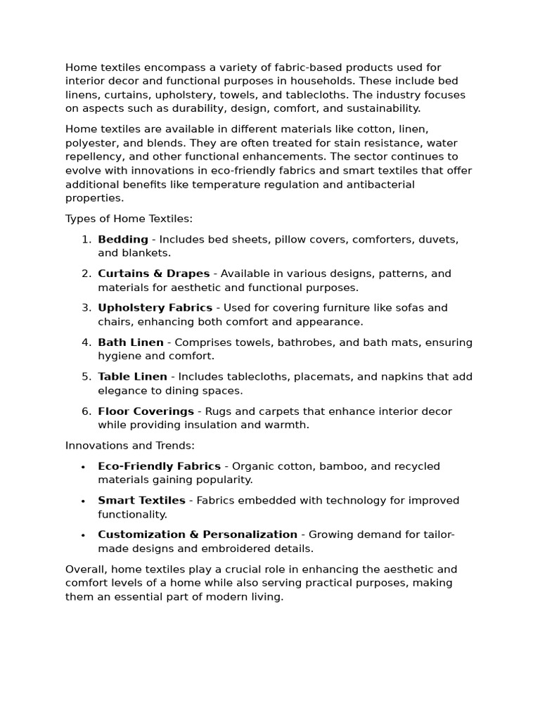 Overview of Home Textiles Essentials | PDF