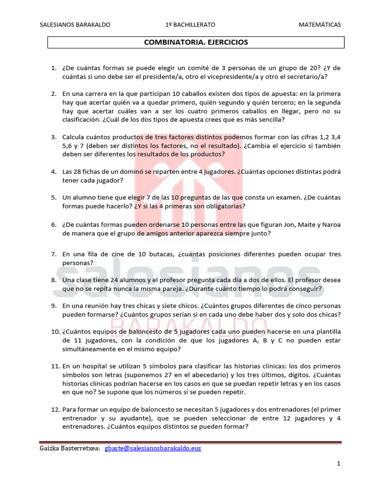 Combinatoria. Ejercicios | PDF