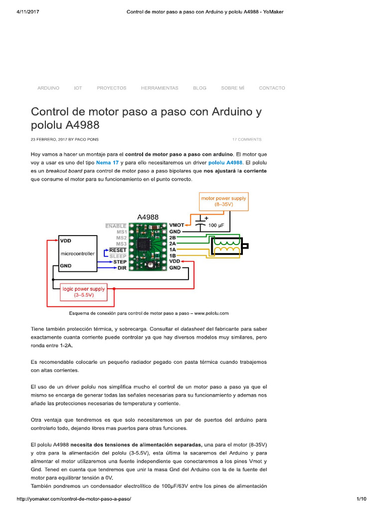 Control de motor paso a paso con Arduino y pololu A4988 - YoMaker | PDF