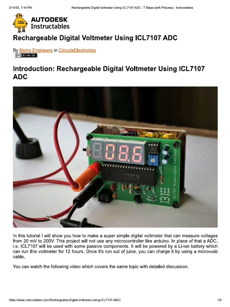 4- Rechargeable Digital Voltmeter Using ICL7107 ADC | PDF