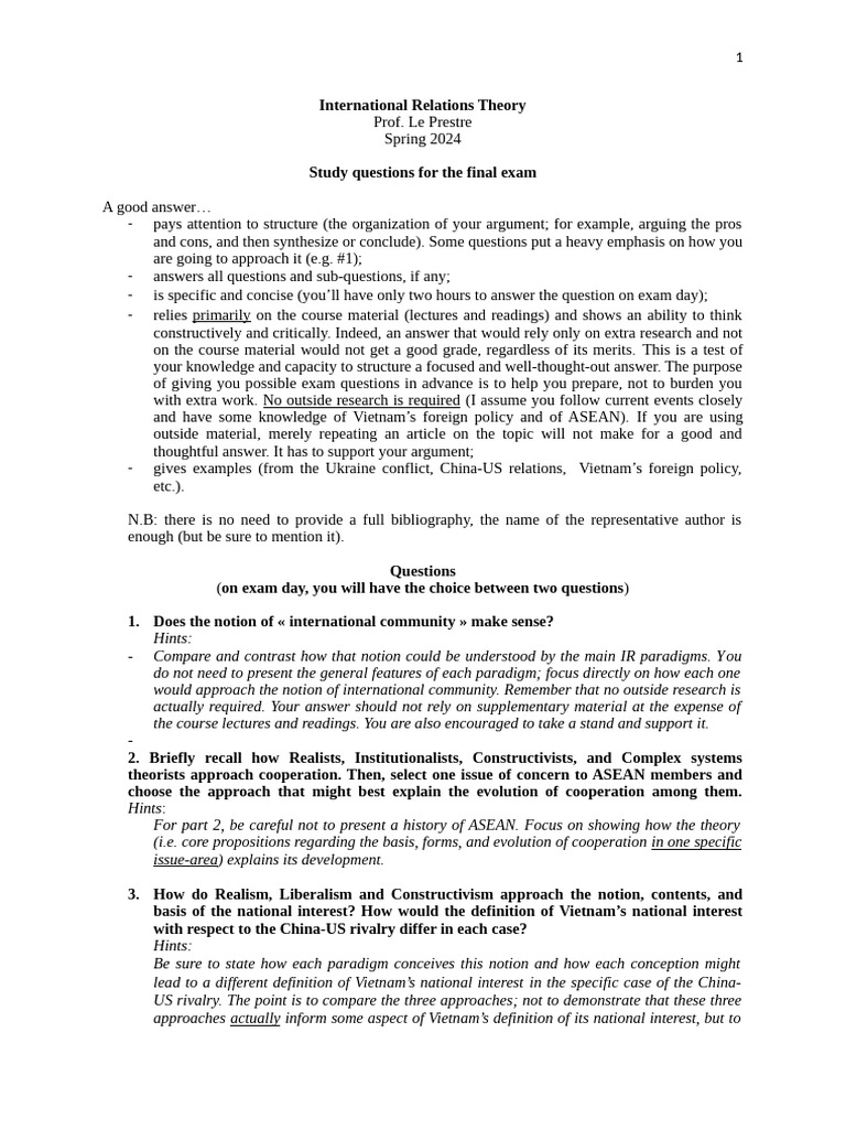 Final Exam Study Guide: IR Theory | PDF | Epistemology | Liberal Arts ...