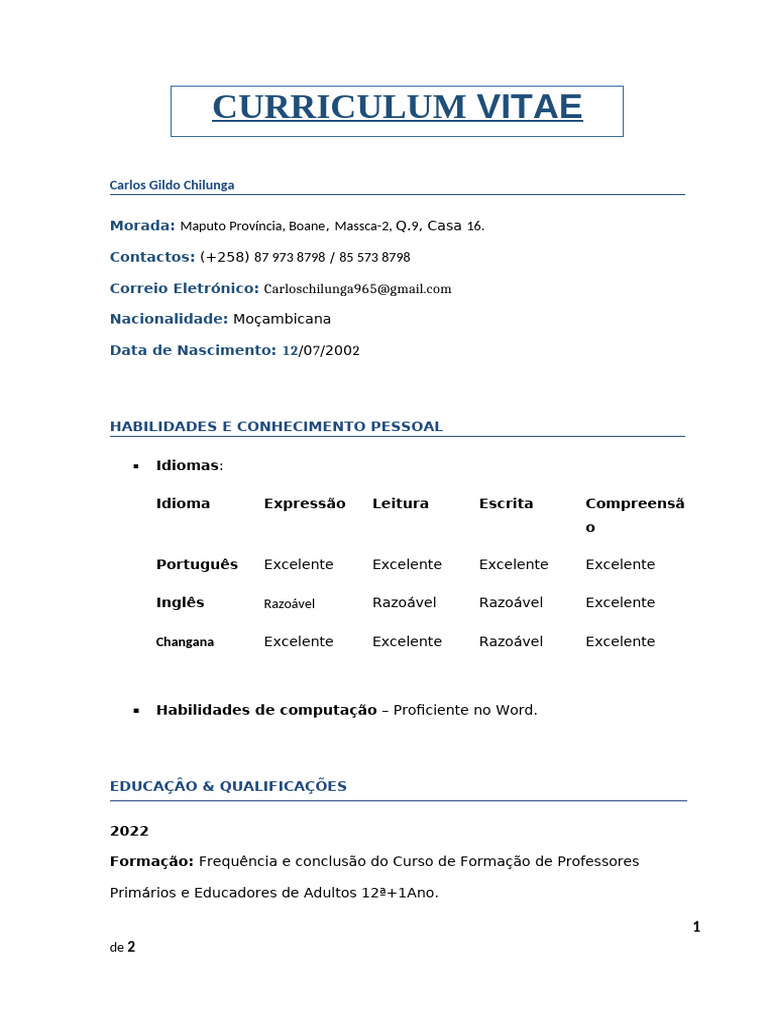 Curriculum Vitae de Carlos Gildo Chilunga | PDF