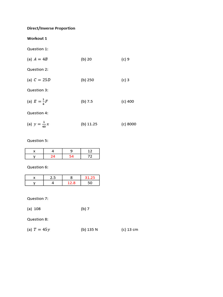 Direct and Inverse Proportion Exercises | PDF