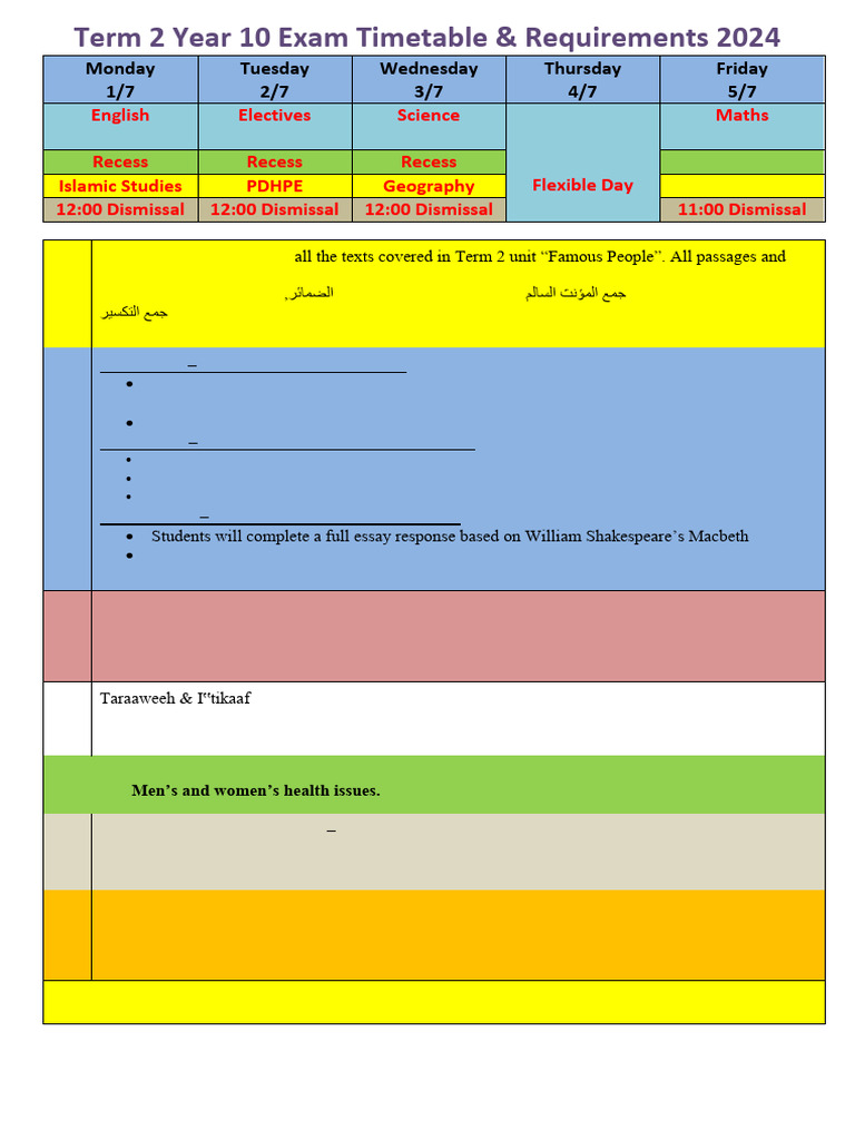 Term 2 Exam Timetable & Requirement 10 | PDF | Quadratic Equation
