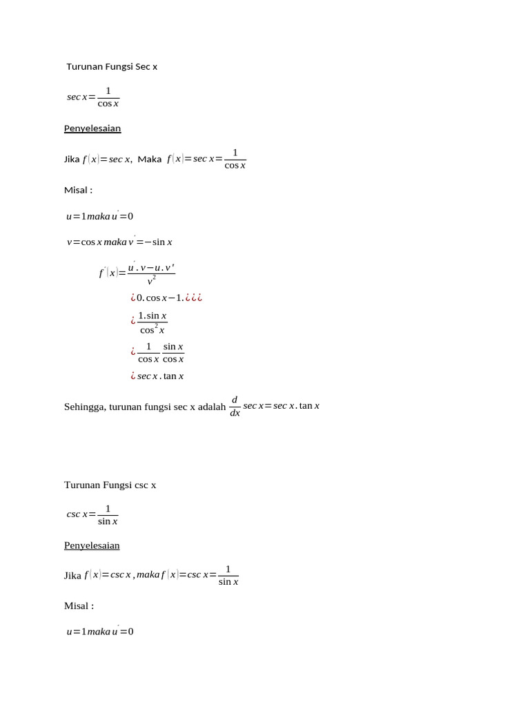 Turunan Fungsi Trigonometri Sec, Csc, Cot | PDF