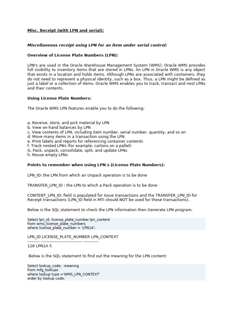 Oracle WMS Miscellaneous Receipt Guide | PDF | Data Management ...