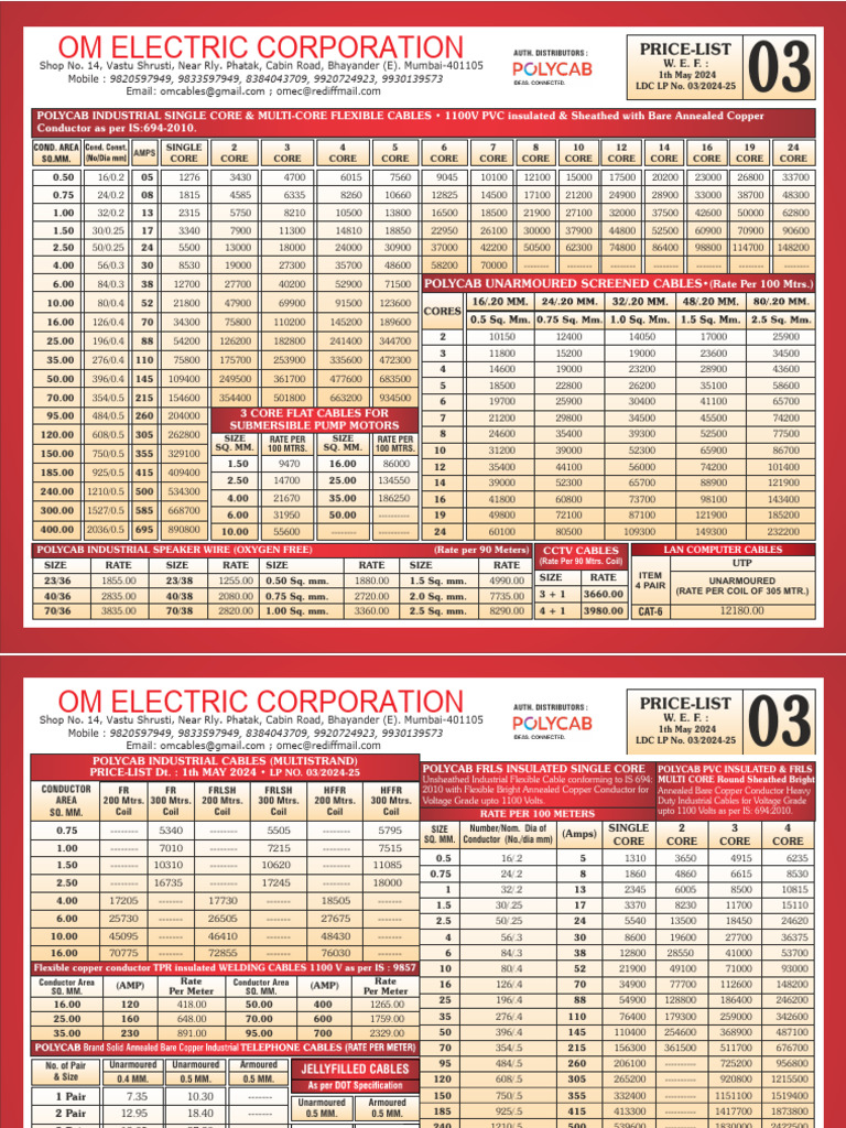 Polycab Pricelist 11-5-24 | PDF | Electrical Conductor | Wire