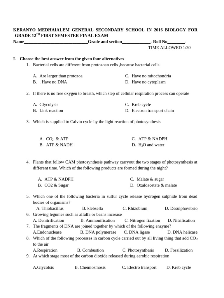 Grade 12 Biology Final Exam 2016 | PDF | Cellular Respiration ...