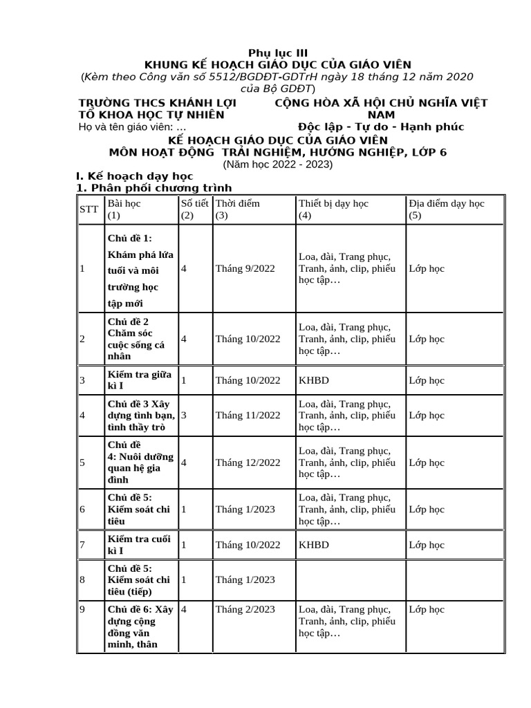 KHGD HOẠT ĐỘNG TRẢI NGHIỆM HN 6 NĂM 2022-2023- Phụ lục III | PDF