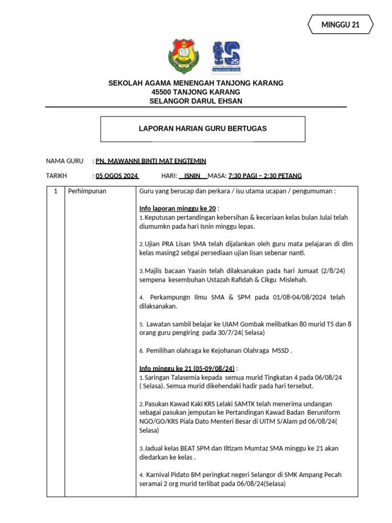 Laporan Guru Bertugas M21 Isnin | PDF