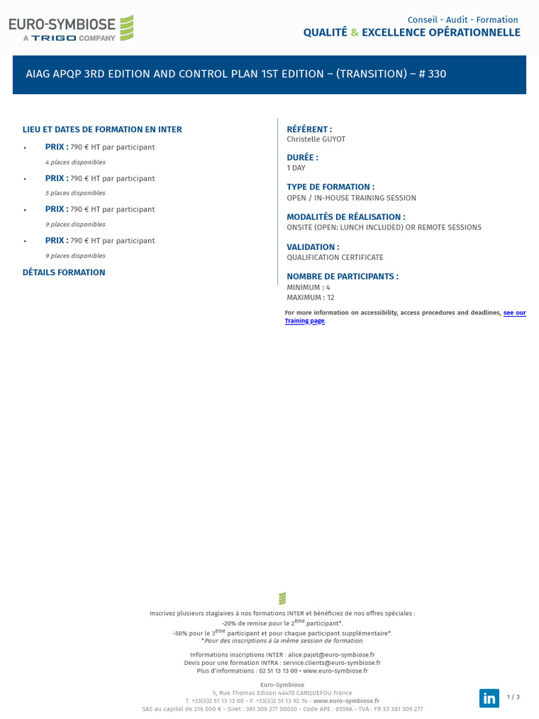 Eurosymbiose Formation Aiag Apqp 3rd Edition and Control Plan 1st Edition Transition 330 | PDF