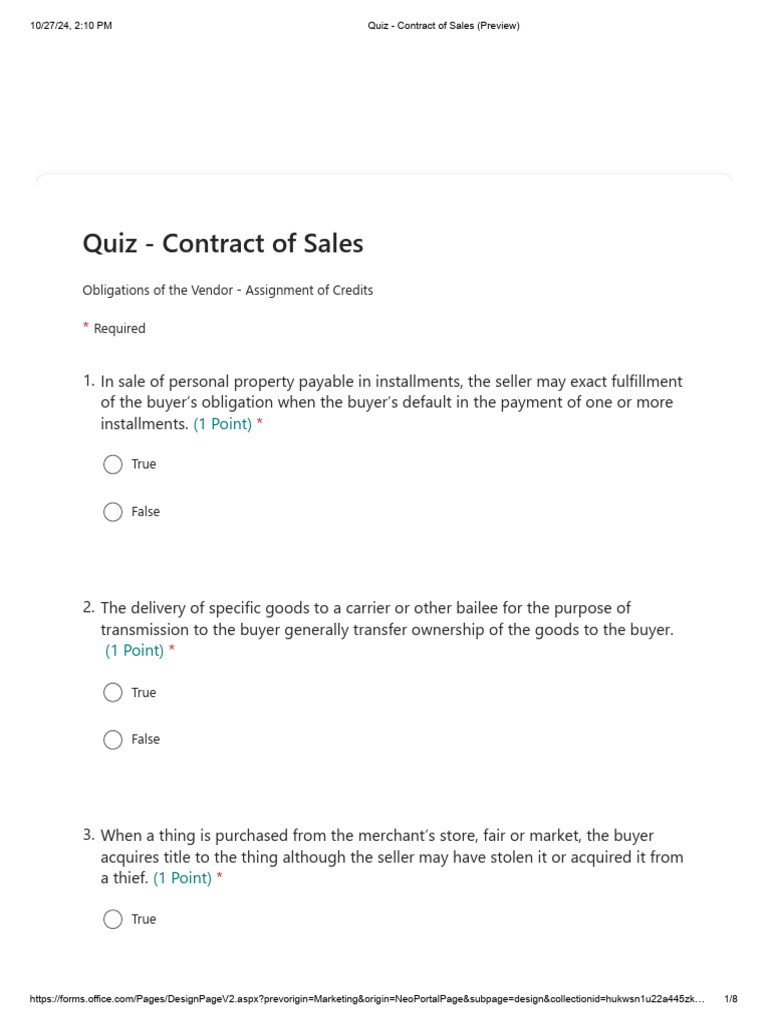 Contract of Sales Quiz Questions | PDF | Credit | Finance & Money ...
