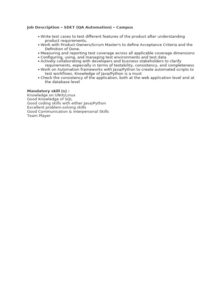 Job Description SDET Campus | PDF