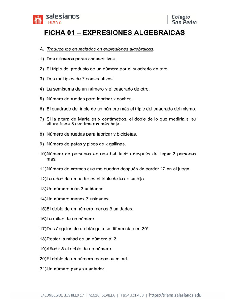 MAT2 - 04 - Ficha 01. Traducción de Expresiones Algebraicas | PDF