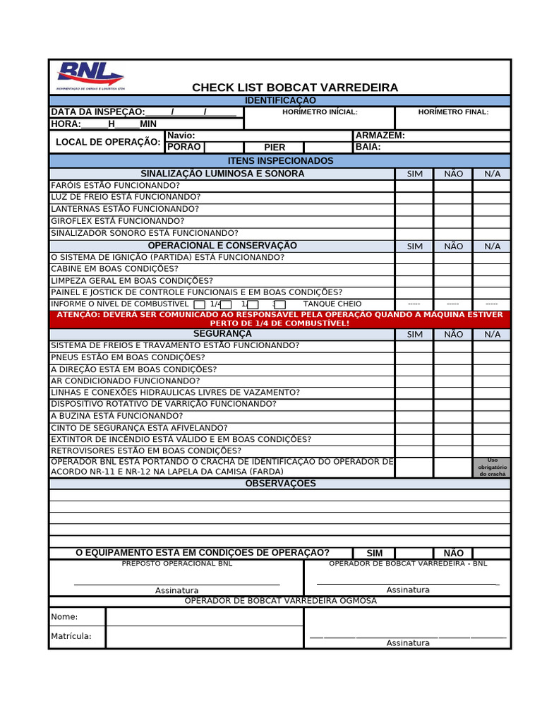 Checklist BobCat - Rev01 - 2024 | PDF