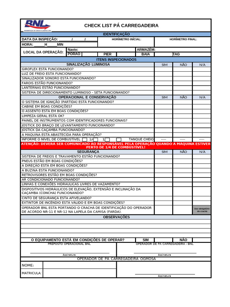 Checklist - Operacional - Pá Carregadeira | PDF