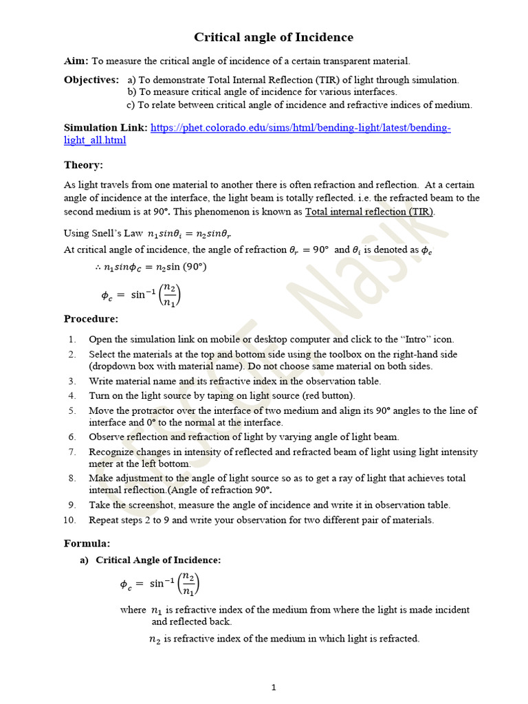 Determine Critical Angle of Incidence | PDF | Refraction | Reflection ...