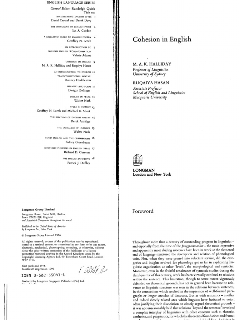 Halliday-Hasan Cohesion in English | PDF