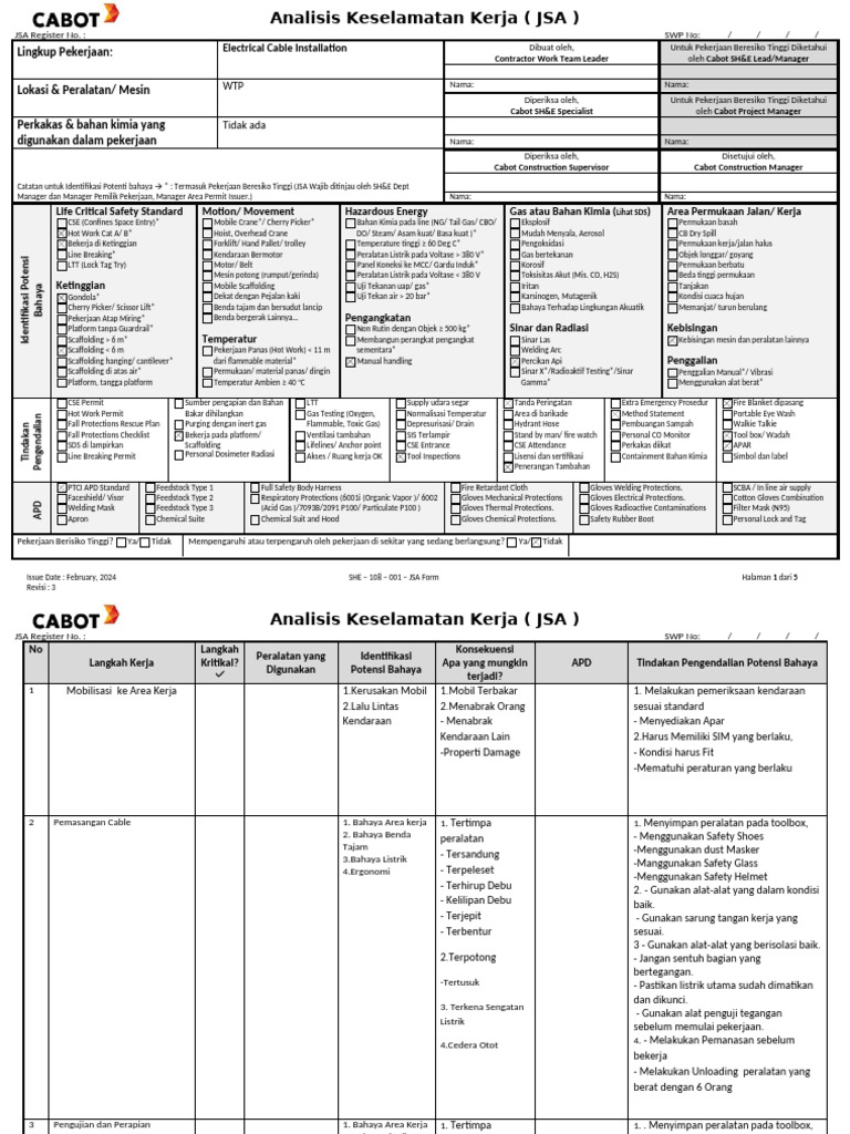JSA Form (RevFeb24) R02 CABOT (Electrical Cable Installation) | PDF