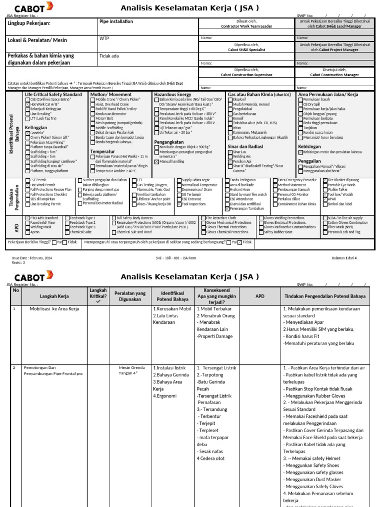 JSA Form (RevFeb24) R02 CABOT (Pipe Install) | PDF