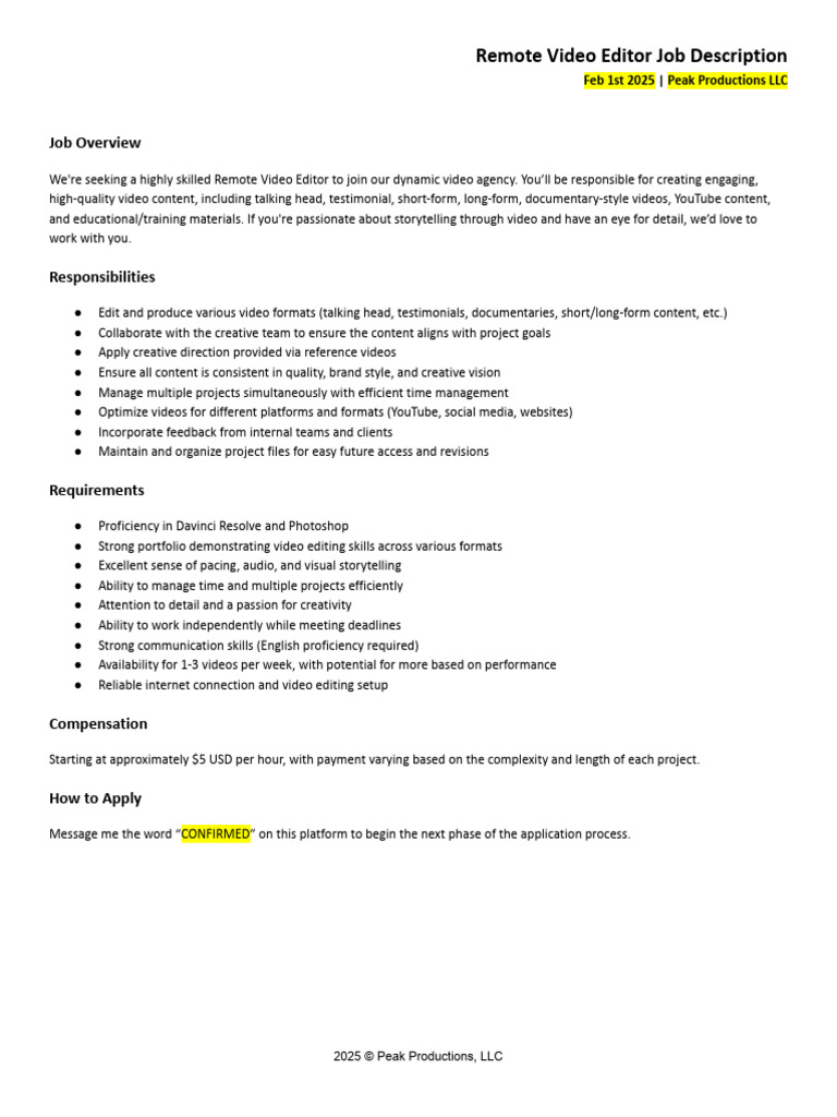 Remote Video Editor Job Description-2 | PDF