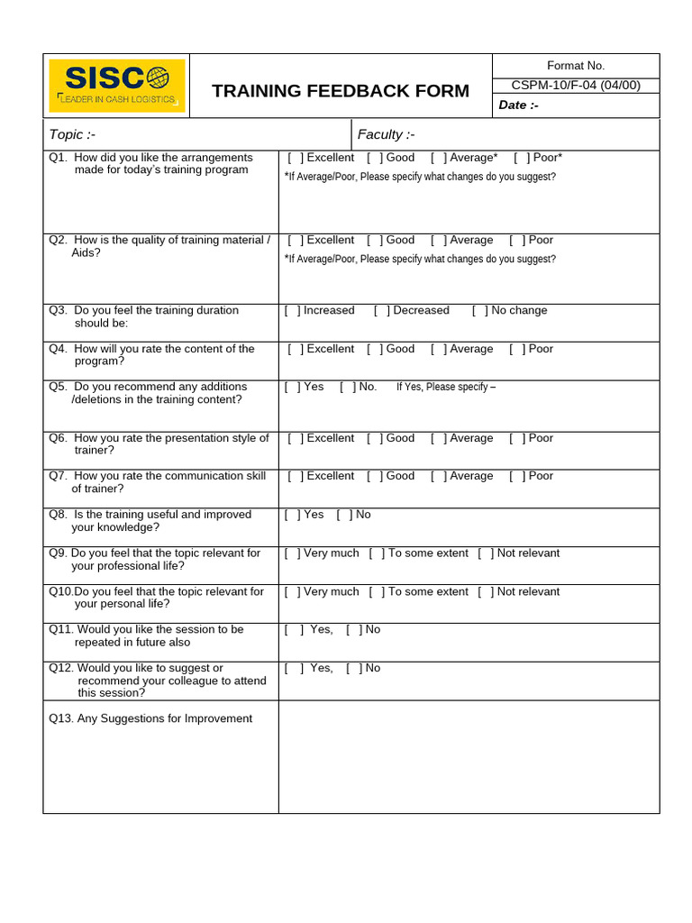 Training Feedback Form Template | PDF