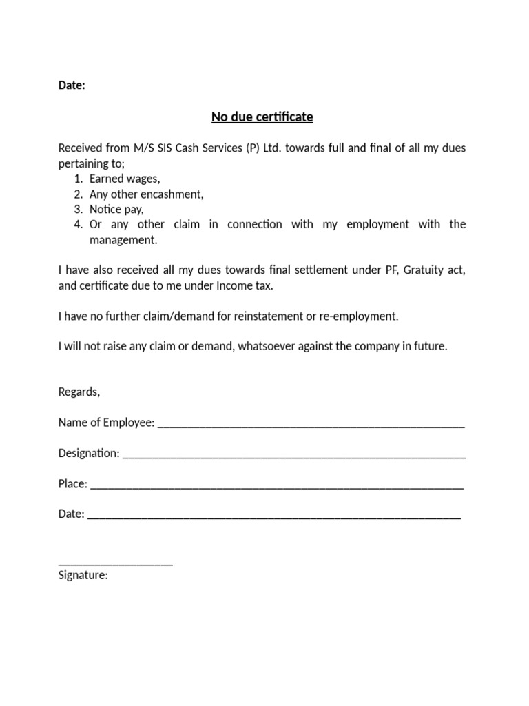 No Due Certificate Format- Relieving | PDF