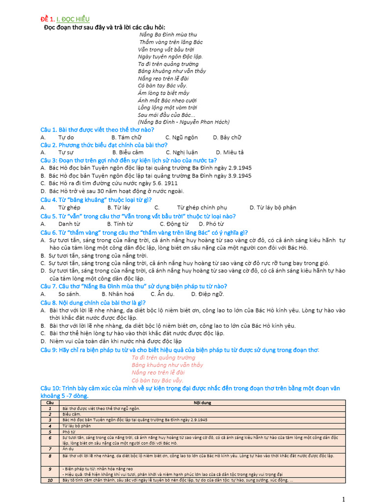 Chuyên Đề 8 - Phần I. Đọc Hiểu - HKI | PDF